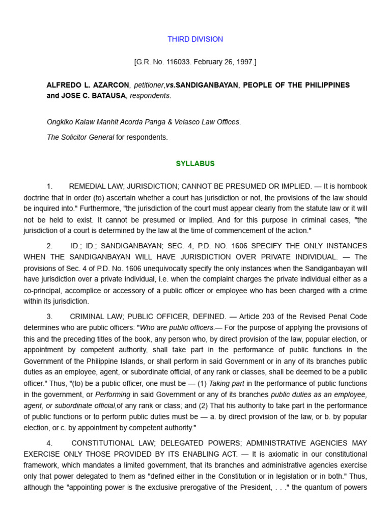 G.R. No. 116033 - Azarcon v. Sandiganbayan | PDF