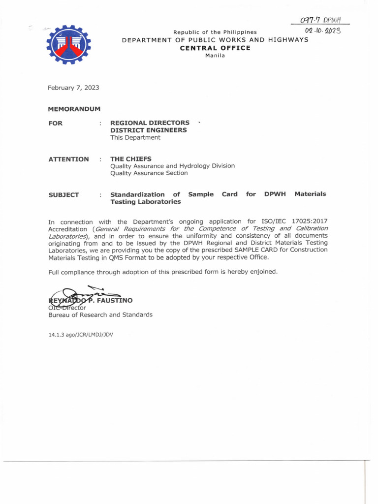 Memo 097.7 - 020723 - Standardization of Sample Card For DPWH Materials ...