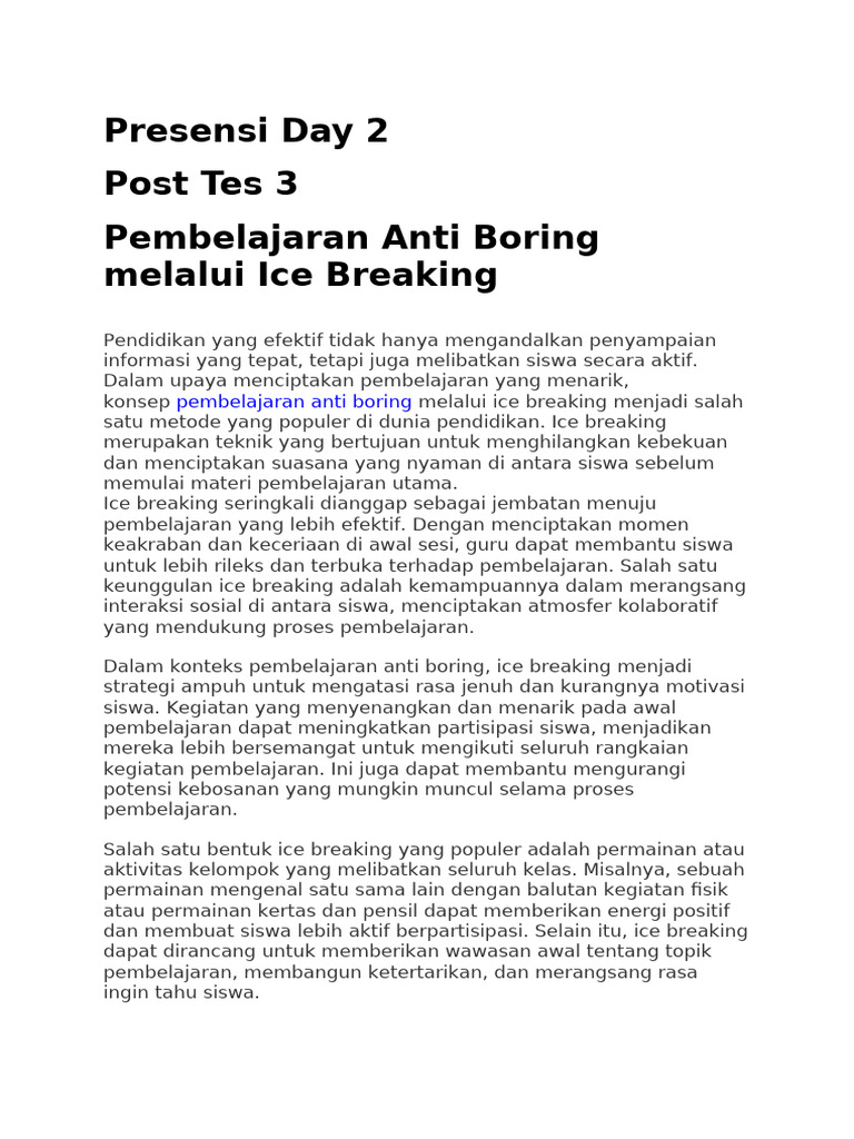 Pembelajaran Anti Boring Melalui Ice Breaking | PDF