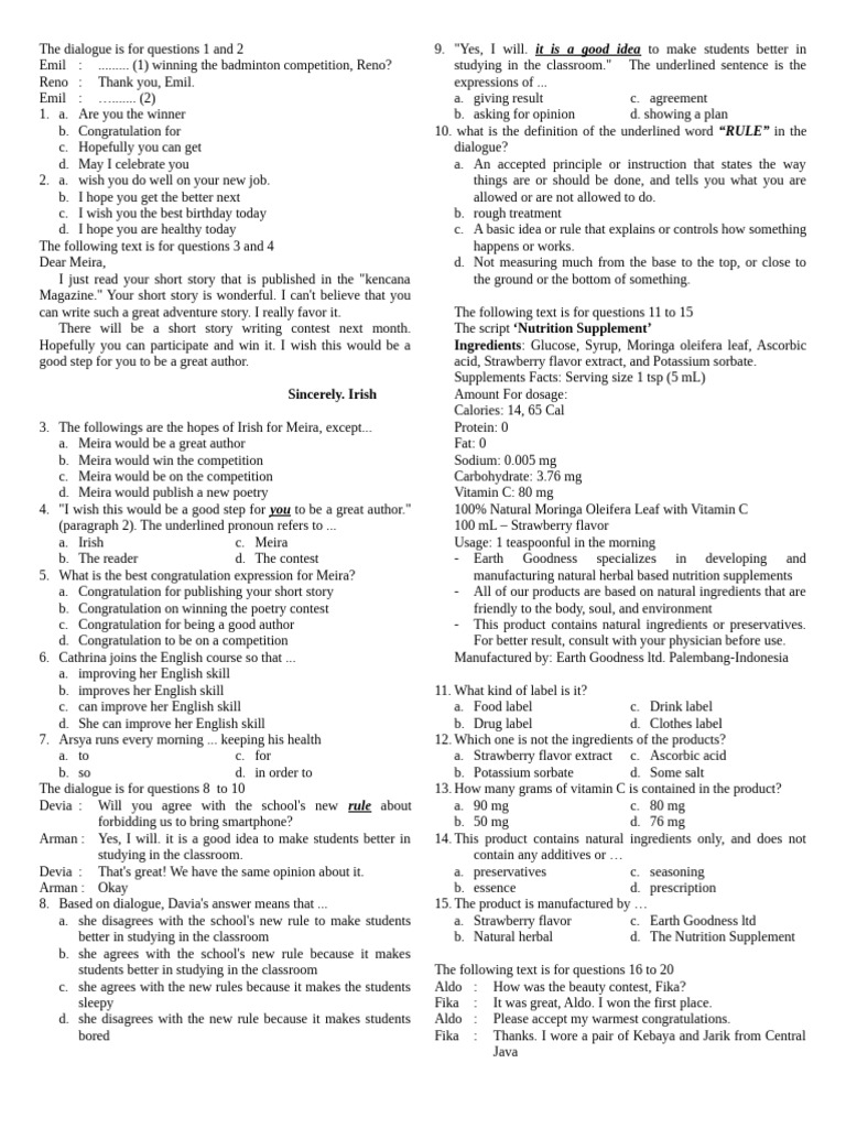 Soal PTS B Ing Kelas 9 - Erni | PDF | Vitamin C | Cooking, Food & Wine