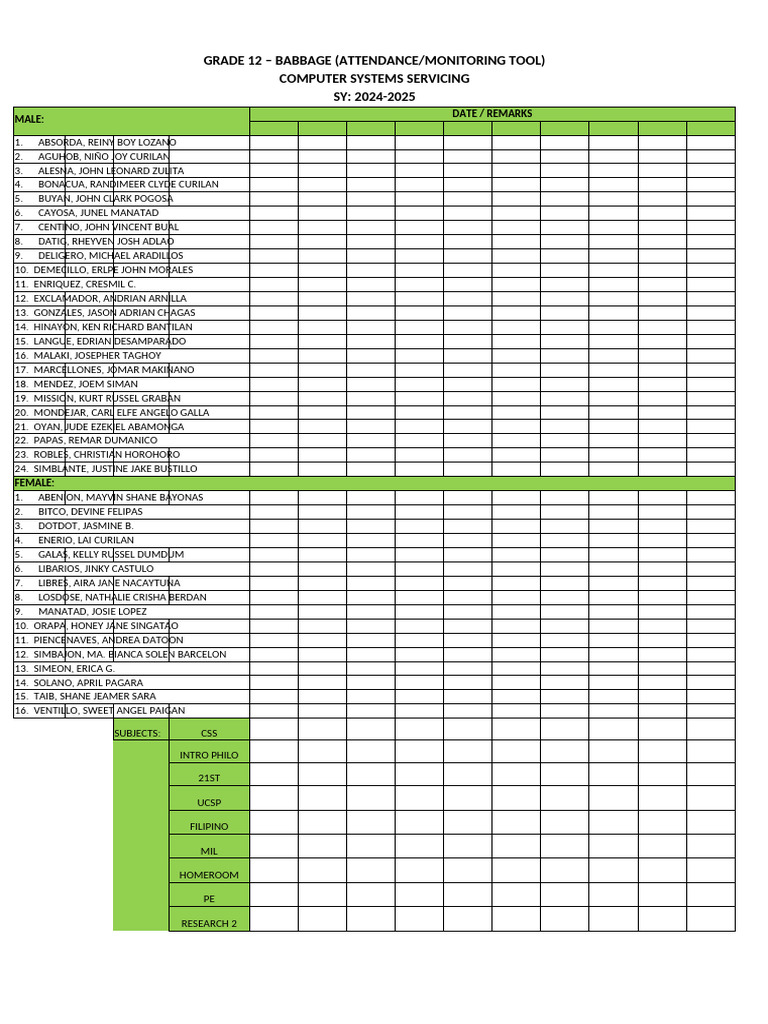 g12css Class Monitoring - Attendance Sheet | PDF