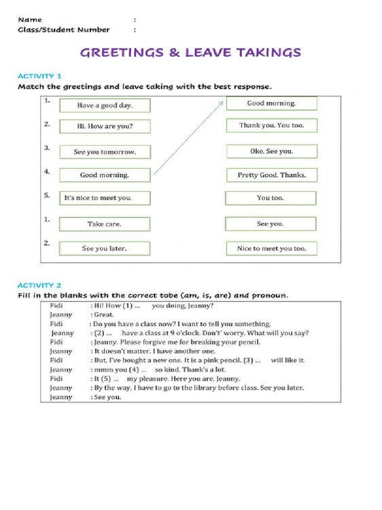 Greetings and Leave Takings Worksheets 7 | PDF