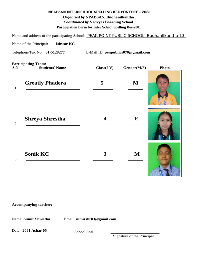 NPABSAN INTERSCHOOL SPELLING BEE CONTEST Form | PDF