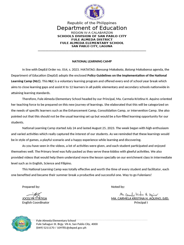 National Learning Camp Narrative Report 2023 | PDF