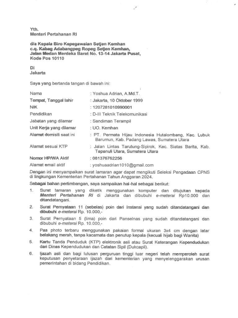 Surat Lamaran Yoshua | PDF