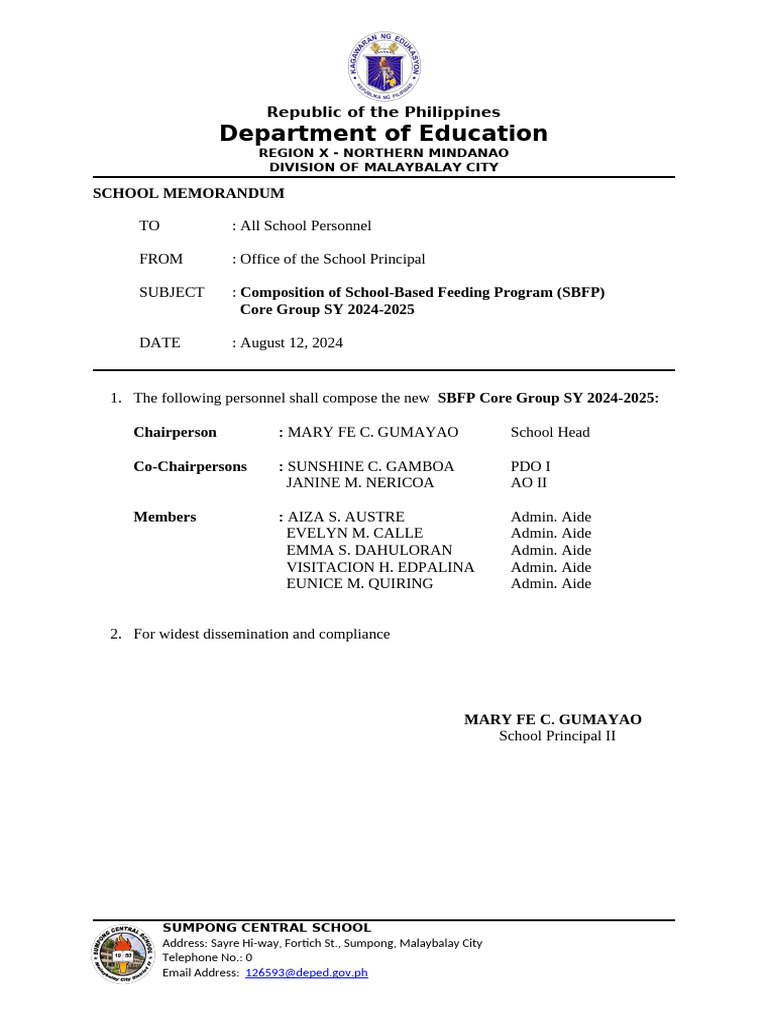 SBFP Core Group Composition 2024-2025 | PDF