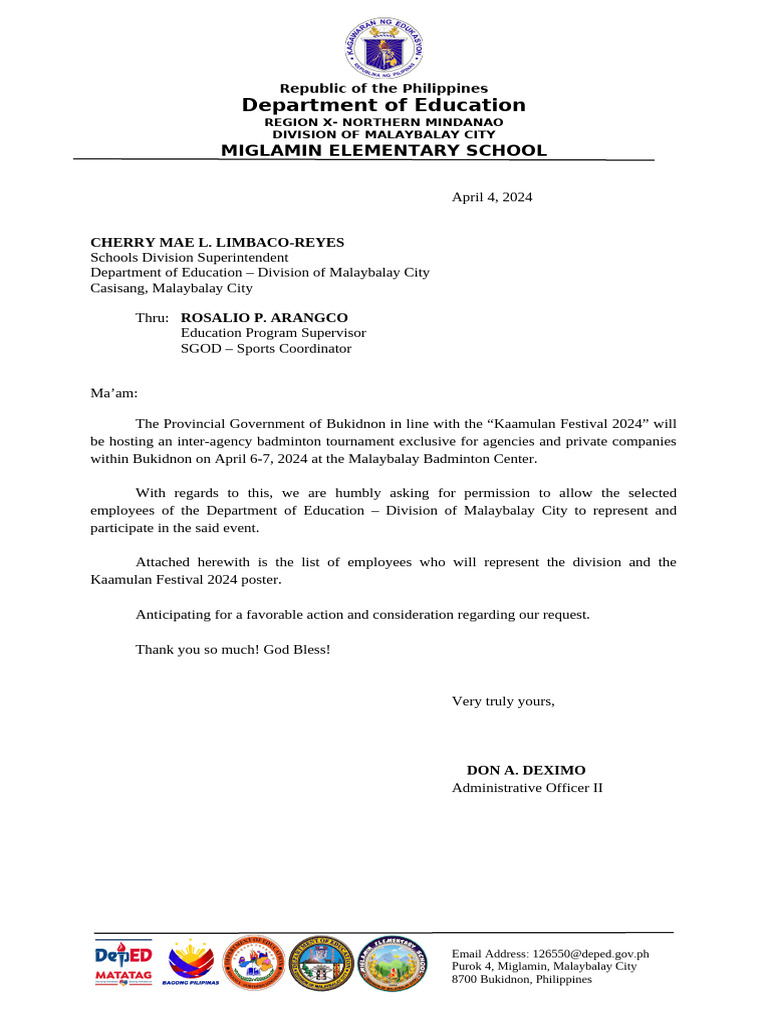 Permission Letter - Badminton Tournament | PDF