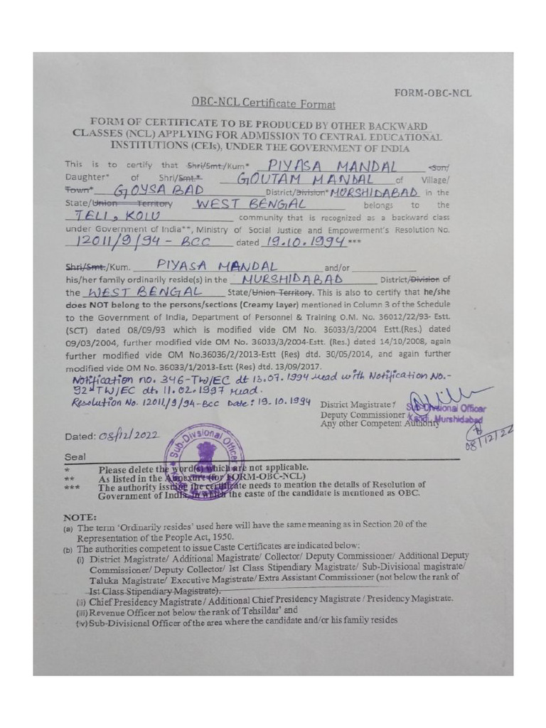 PM Obc-Ncl Certificate | PDF