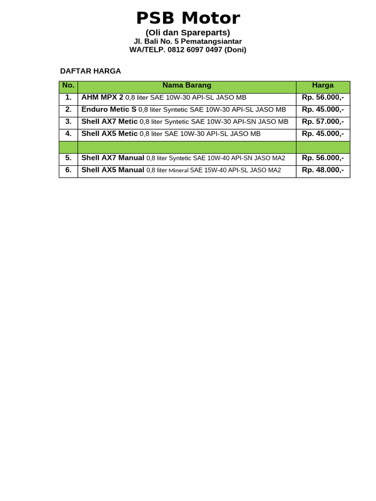 Daftar Harga PSB Motor Oli Ori | PDF