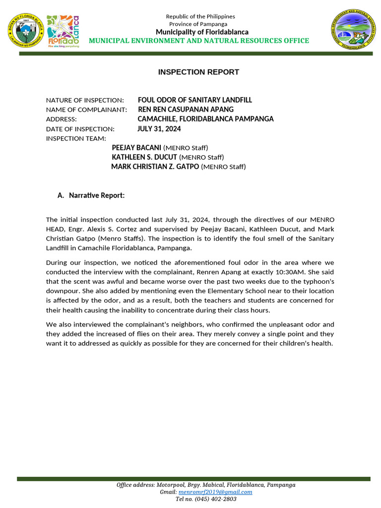 Initial Inspection Report On Foul Odor With Renren Apang of Camachile | PDF
