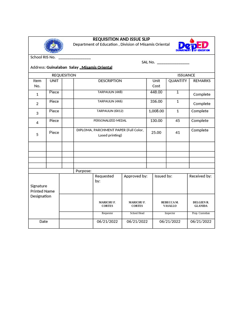 Requisition-and-issue-slip RIS tarp june | PDF