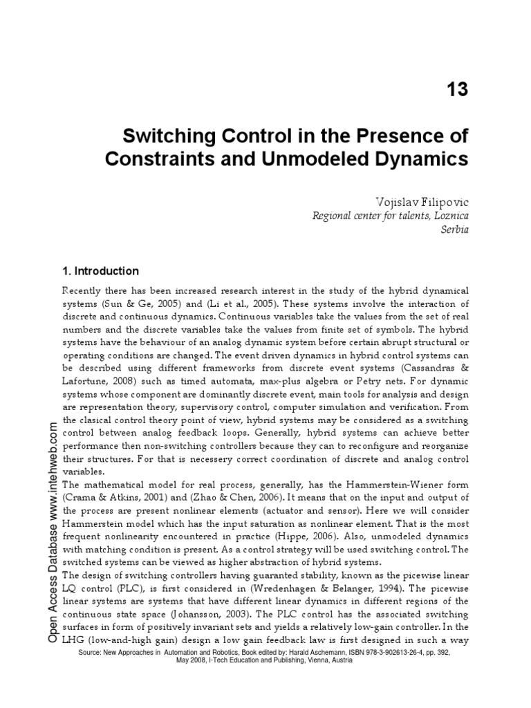 InTech-Switching Control in The Presence of Constraints and Unmodeled Dynamics | PDF | Stability ...