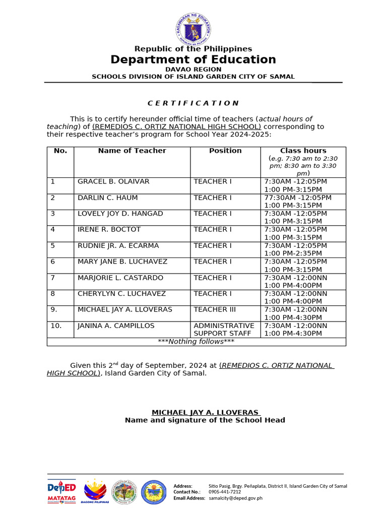 Certification of Teachers Official Time.. | PDF