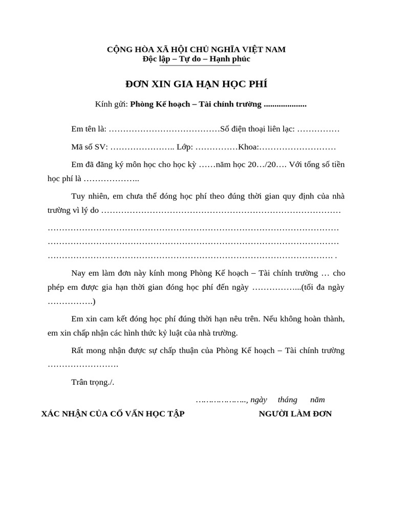Mau Don Xin Gia Han Nop Hoc Phi 1 | PDF