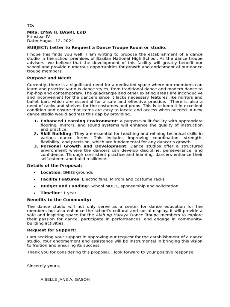 Request Letter (Dance Troupe Room) | PDF