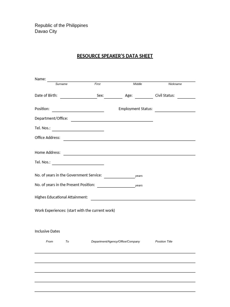 Davao City Resource Speaker Data Sheet | PDF