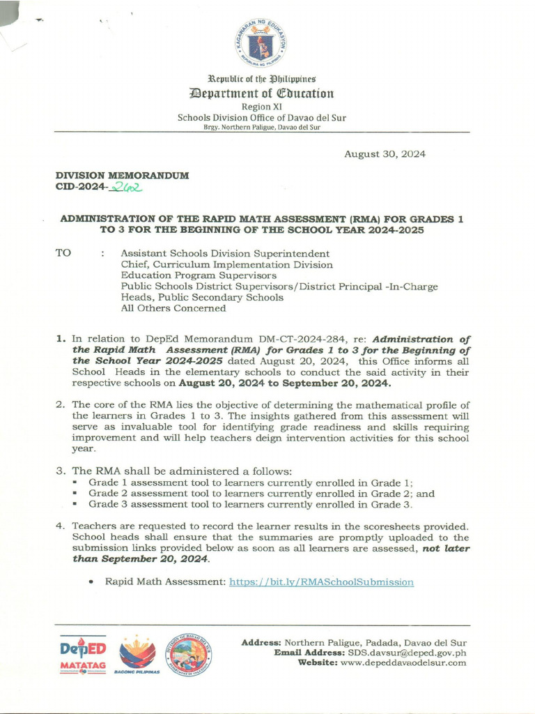 DM Cid 2024 262 Administration of The Rapid Math Assessment Rmagrades 1 ...