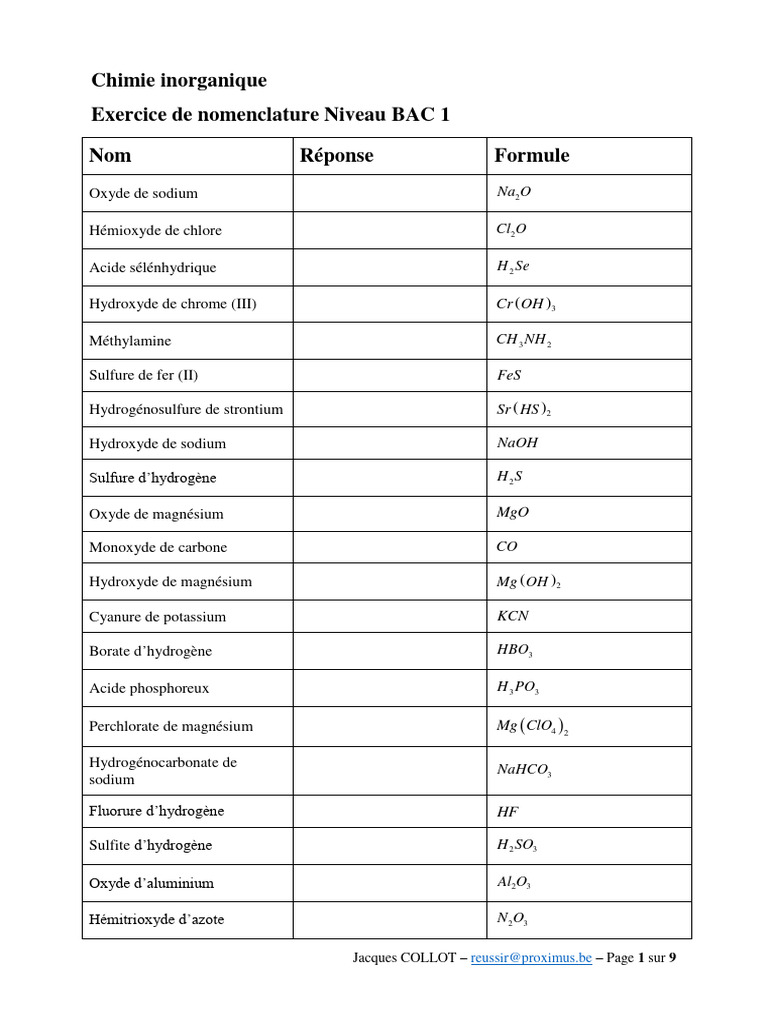 Exercice de Nomenclature Inorganqiue Niveau BAC1 | PDF