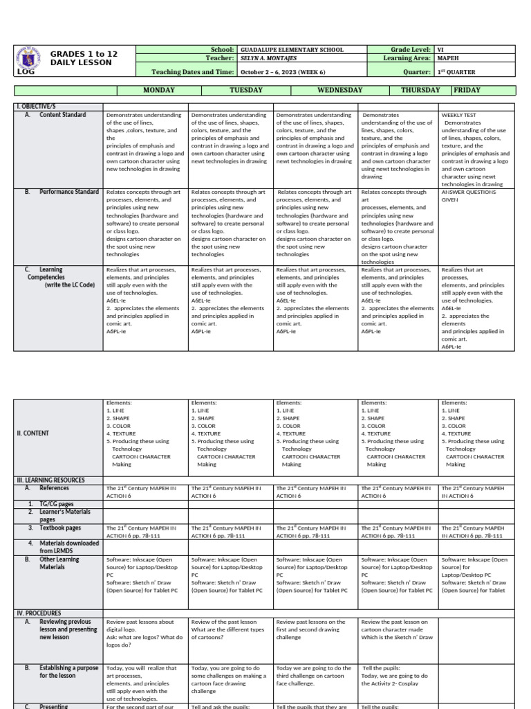 DLL - MAPEH 6 - Q1 - W6 Ok | PDF