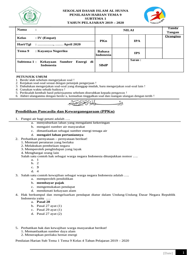Soal PH Tema 9 Kls 4A TH 2019-2020 | PDF