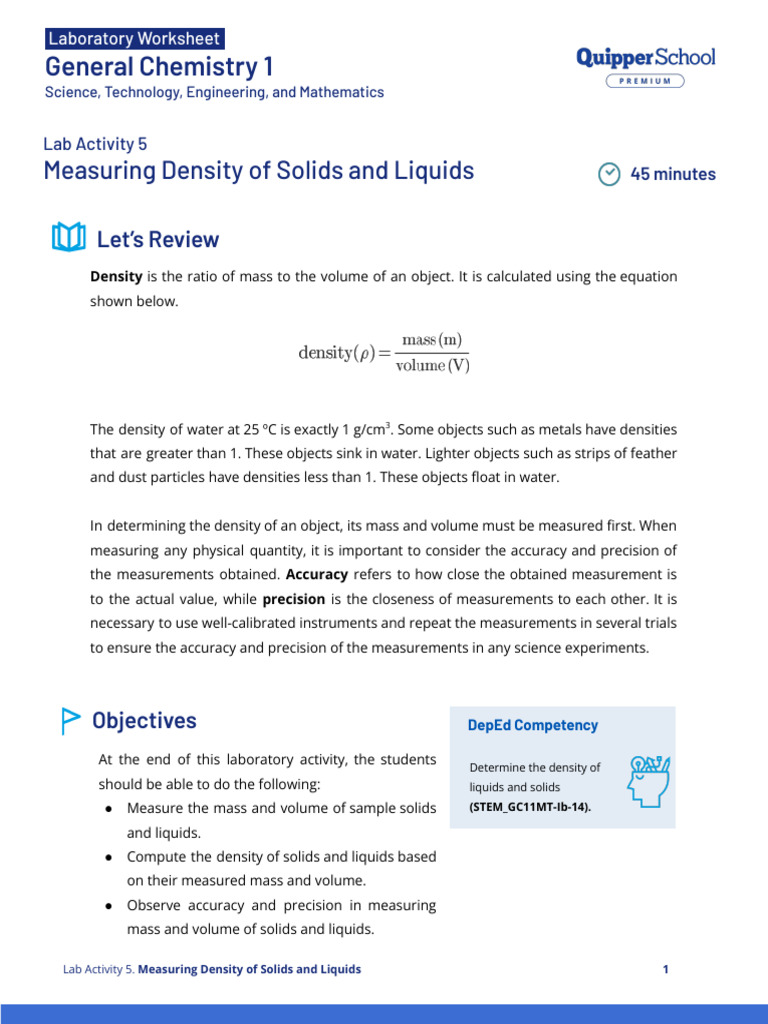 Lab #4-Measuring Density of Solids and Liquids | PDF