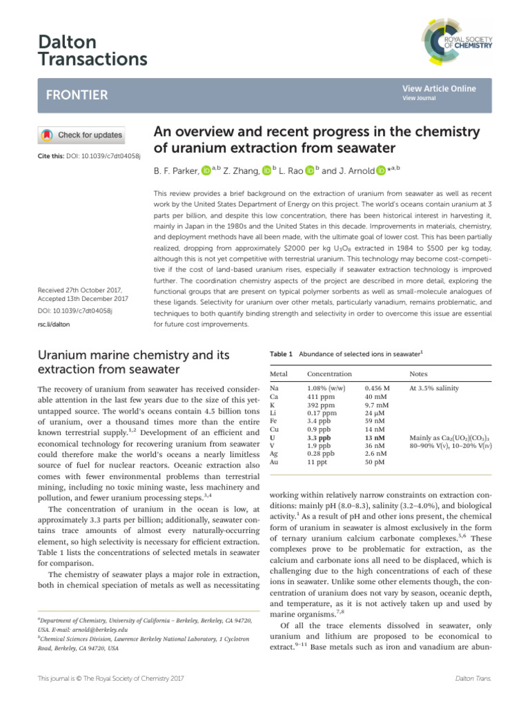An Overview and Recent Progress in The Chemistry of Uranium Extraction ...