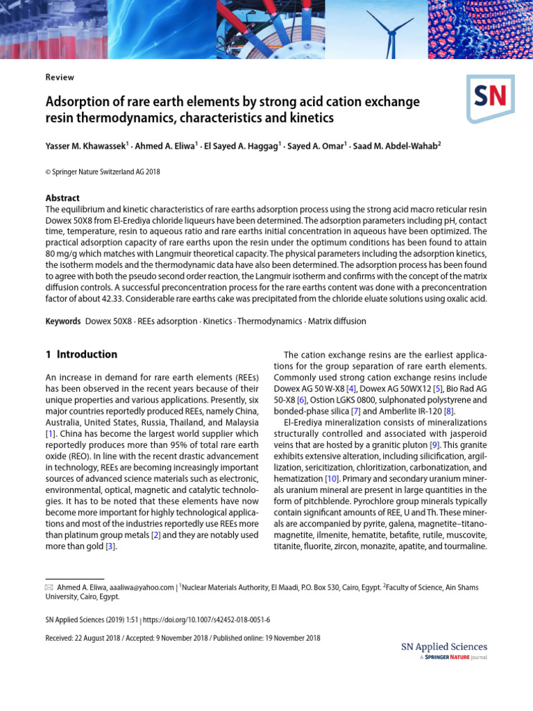 Adsorption of Rare Earth Elements by Strong Acid Cation Exchange Resin ...