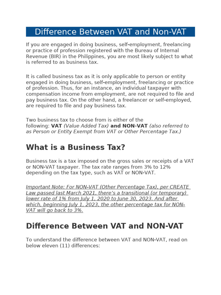 Difference Between VAT and Non VAT | PDF
