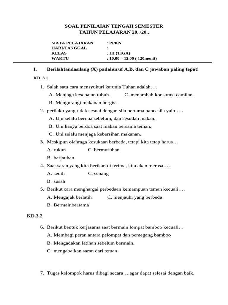 Soal PTS 1 PPKN Kelas 3 | PDF