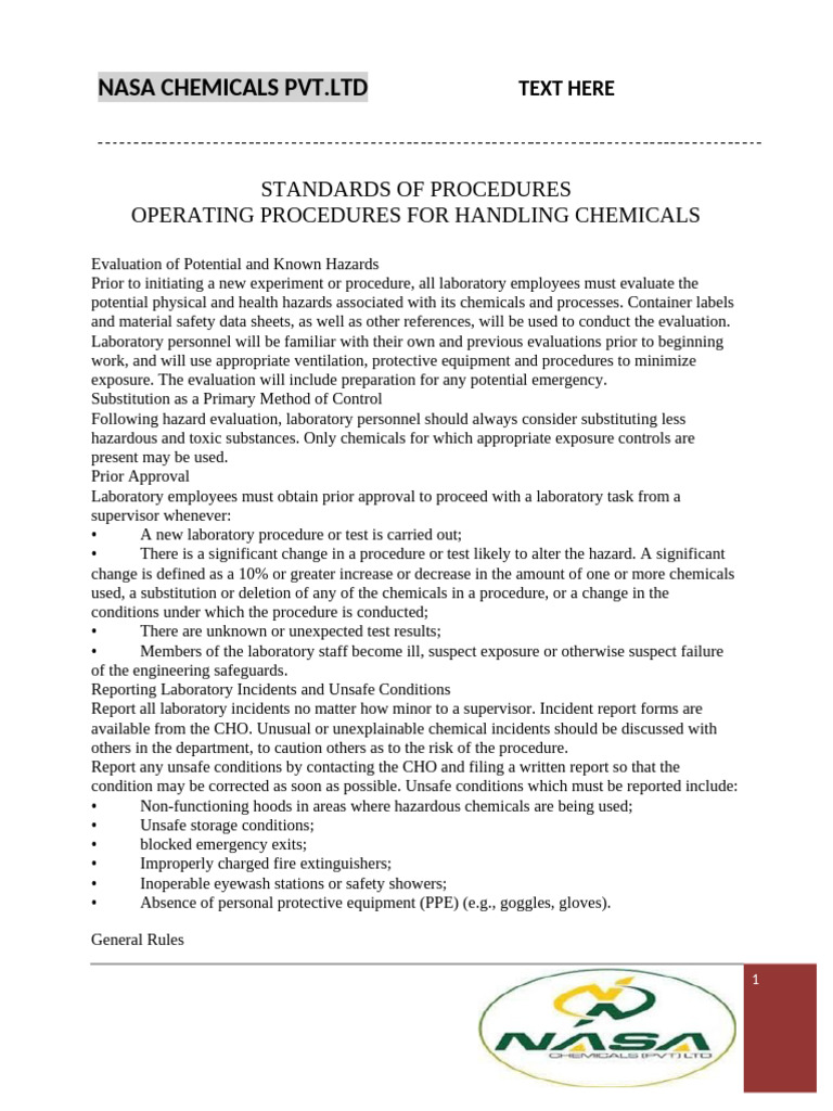 Standard of Procedure For Nasa Chemical | PDF