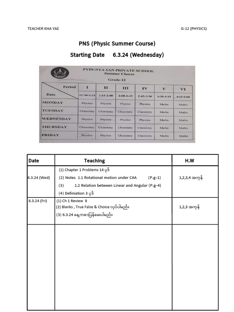 G12 PNS Phy Summer Lesson Plan | PDF