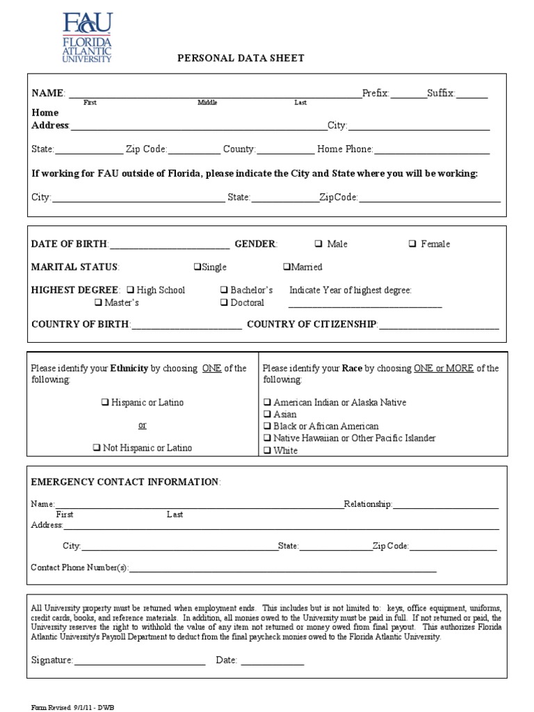 Personal Data Sheet for Employment | PDF