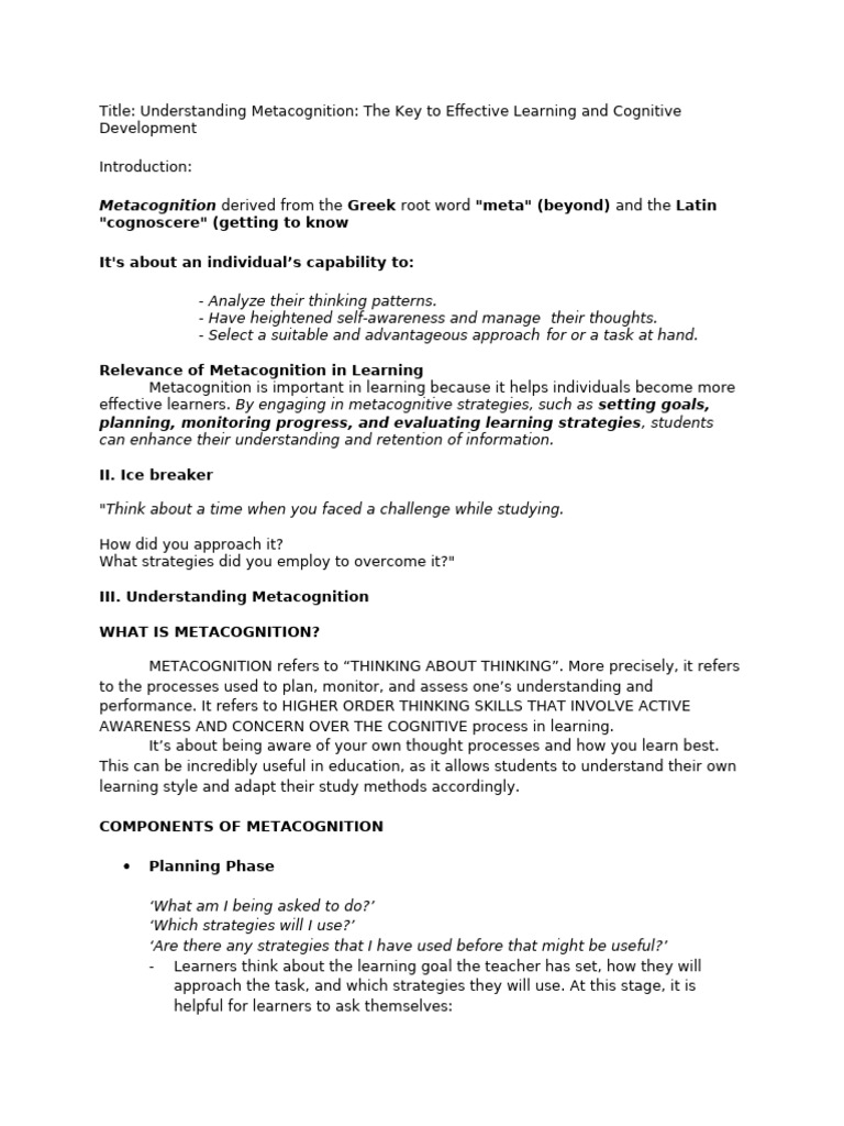 Metacognition Written Report Group 10 | PDF