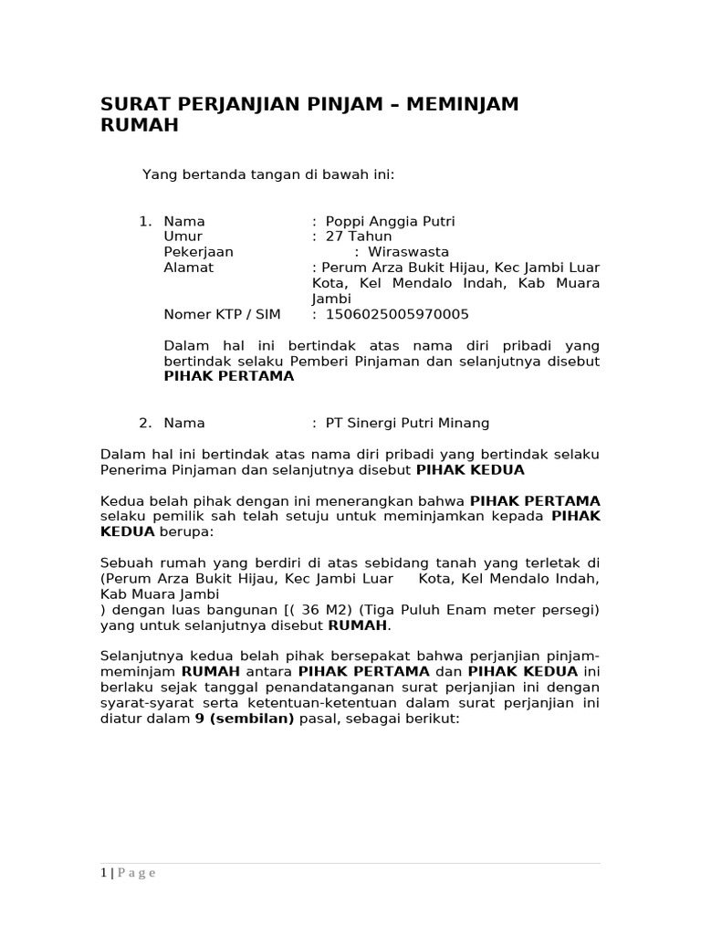 Contoh Surat Perjanjian Pinjam Meminjam Rumah FH UII | PDF