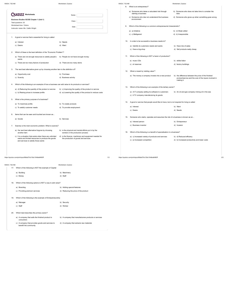 Year 11 Igcse 1.1-1.2 Quiz | PDF