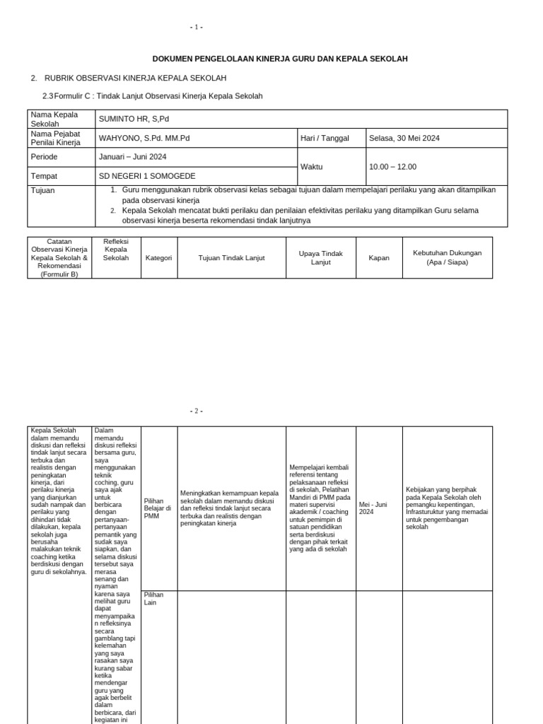 Formulir C Tindak Lanjut Observasi Kinerja KS-Suminto | PDF
