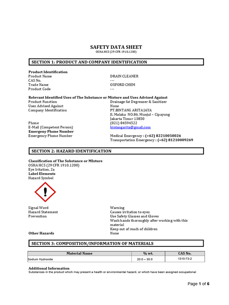 SDS DRAIN CLEANER | PDF