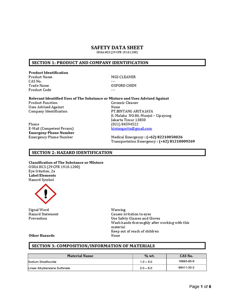 SDS MGS Cleaner | PDF