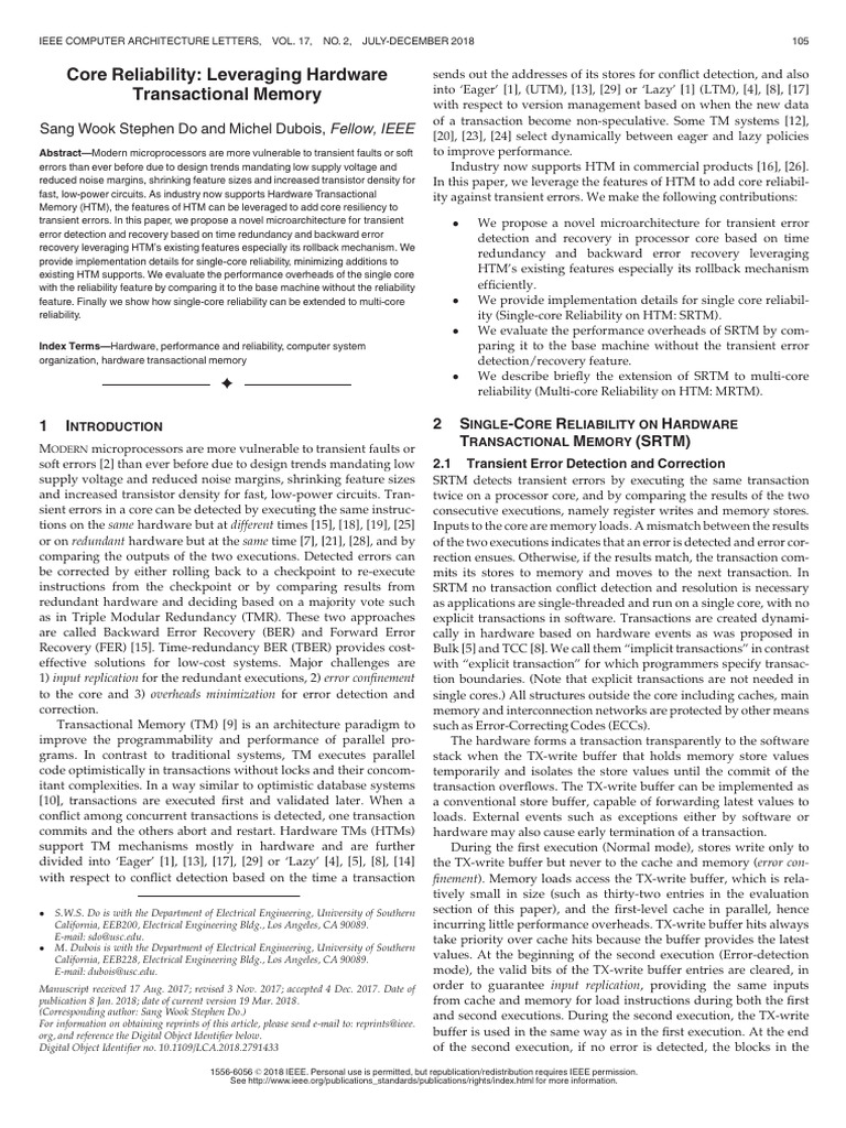 Core Reliability Leveraging Hardware Transactional Memory | PDF