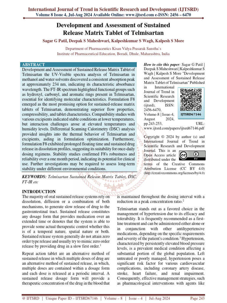 Development And Assessment Of Sustained Release Matrix Tablet Of Telmisartan Pdf
