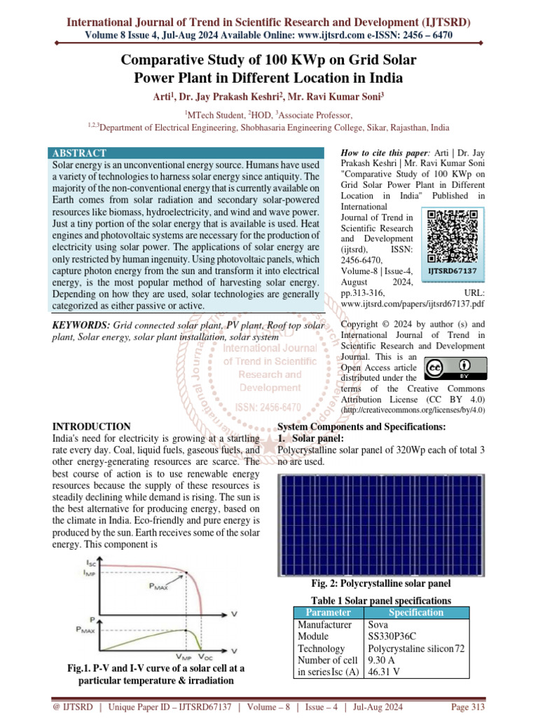 Comparative Study of 100 KWP On Grid Solar Power Plant in Different ...