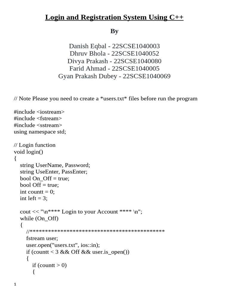 Login and Registration System Using C++ | PDF