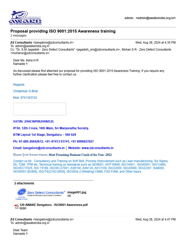 Proposal Providing ISO 9001 - 2015 Awareness Training | PDF