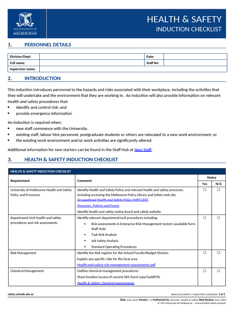 Health and Safety Induction Checklist | PDF