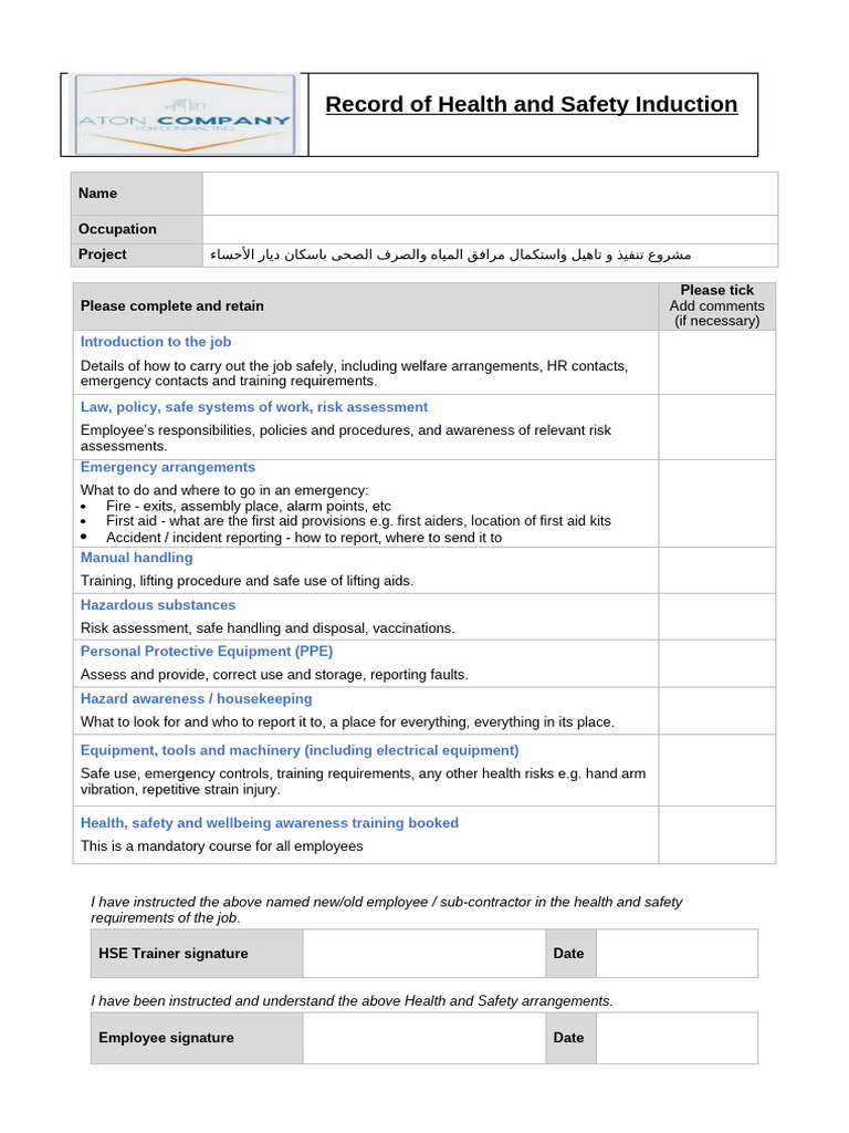 Health and Safety Induction Checklist | PDF