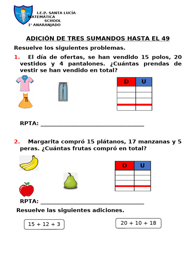 Adición de Tres Sumandos hasta 49 | PDF