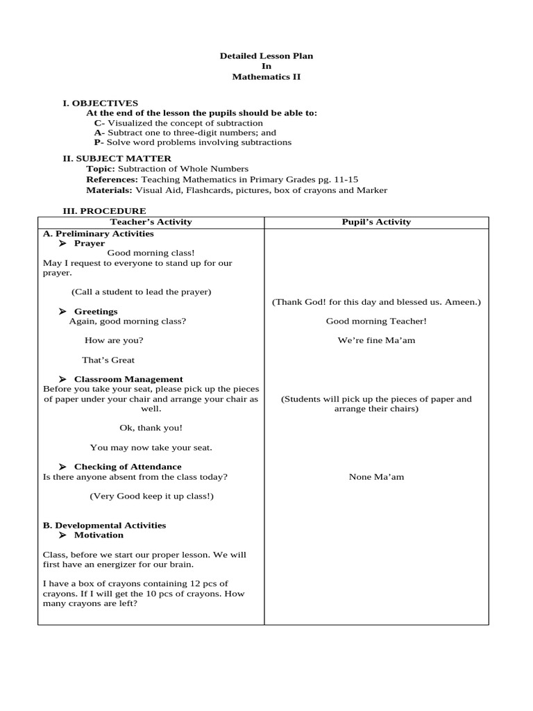 4as Detailed Lesson Plan | PDF | Subtraction