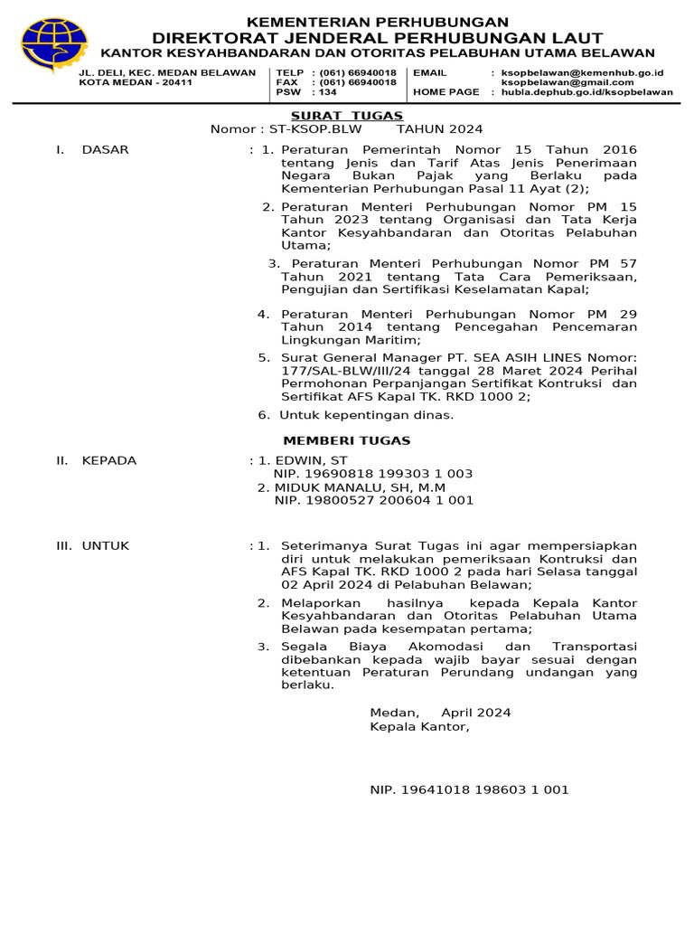 SURAT TUGAS PEMERIKSAAN KONTRUKSI Dan AFS TK. RKD 1000 2 An. EDWIN DKK TGL 02 April 2024 | PDF