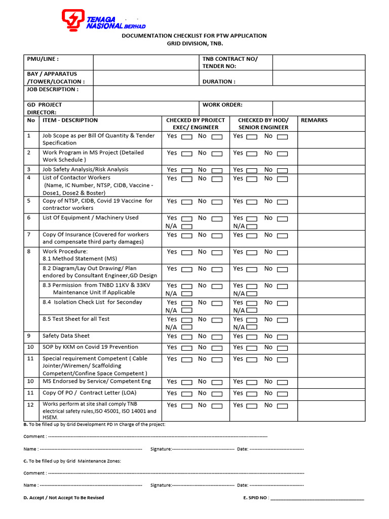 PTW DOCUMENTATION CHECKLIST FOR PTW Application GRID DIVISION Rev01 | PDF