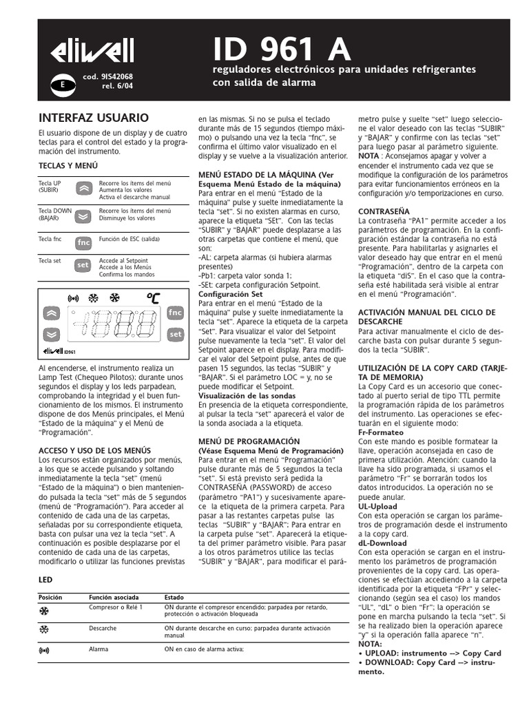 ELIWELL ID 961 A Manual 9IS42068 Rel.06-04 ES | PDF